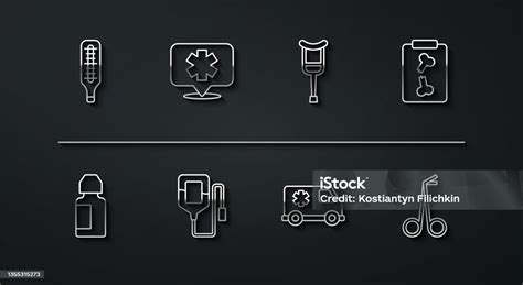 세트 라인 의료 온도계 눈 방울 병 엑스레이 샷 응급 자동차 Iv 가방 상징 가위 및 목발 목발 아이콘 벡터 X 레이에 대한 스톡 벡터 아트 및 기타 이미지 Istock