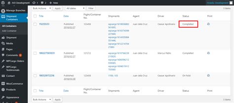 how to bulk update status using wpcargo shipment container add ons