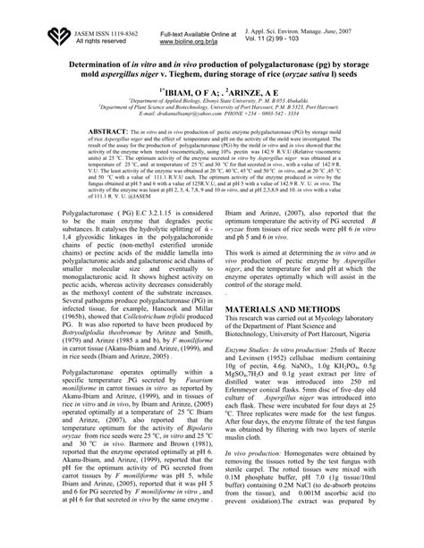 Pdf Determination Of In Vitro And In Vivo Production Of Polygalacturonase Pg By Storage Mold