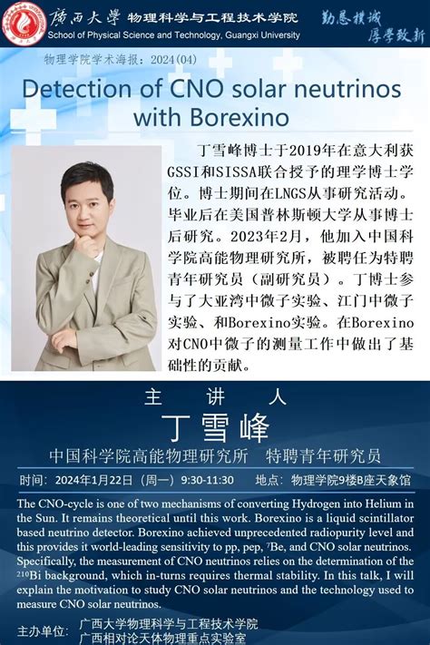 物理学院2024年学术报告之04：detection Of Cno Solar Neutrinos With Borexino 广西大学