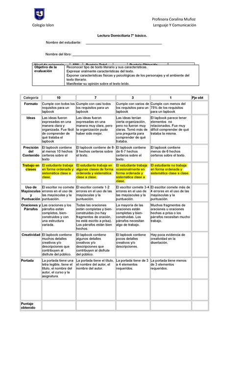 Evaluacion lapbook Profesora Coralina Muñoz Colegio Islon Lenguaje Y