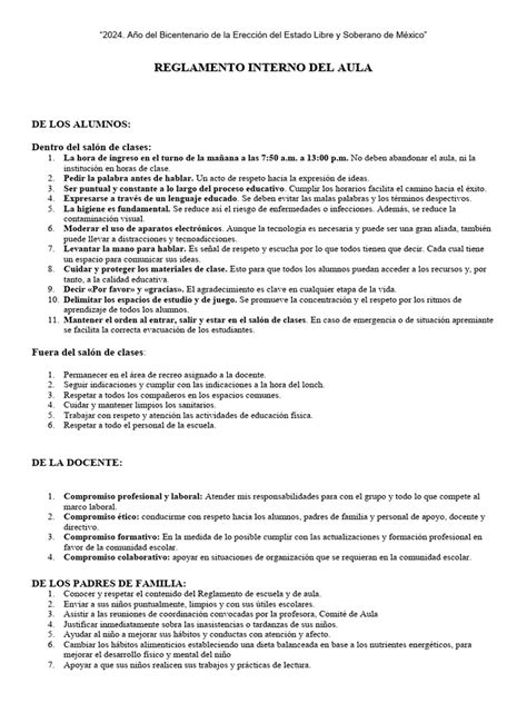 Reglamento Interno Del Aula Pdf Maestros Salón De Clases