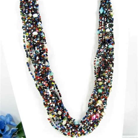 Vintage Seed Bead Torsade Necklace Multi Colored Glas Gem