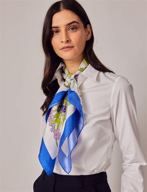 White And Blue Floral Print Neck Scarf 100 Silk Hawes And Curtis