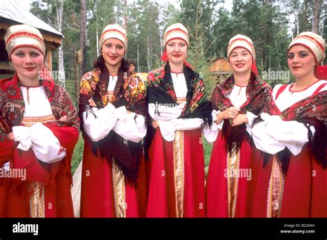 Russian Women Smiling In Traditional Clothing Siberia Russia Stock
