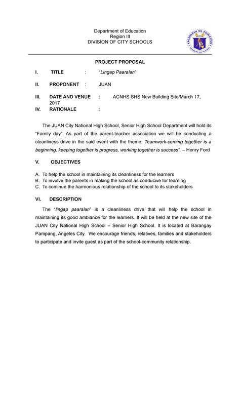 Proposal PROPSAL FOR ACTIVITIES Department Of Education Region III DIVISION OF CITY BabeS