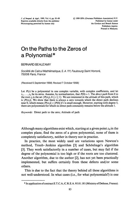 Pdf On The Paths To The Zeros Of A Polynomial
