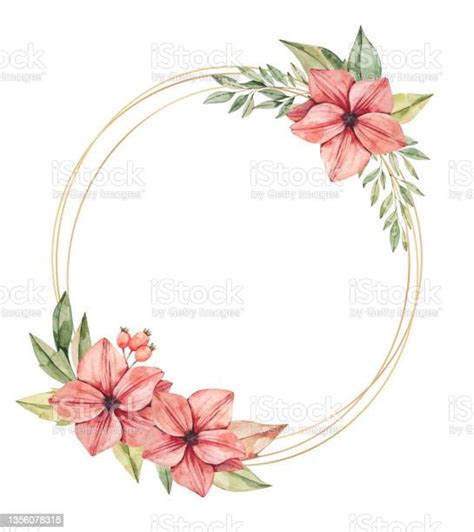 수채화 식물 삽화 황금 테두리와 야생 꽃과 가을 프레임 부드러운 모란 붉은 꽃 아티 초크 가지 잎 결혼식 초대장 프레임 포스터 패키지에 적합 프레임에 대한 스톡 벡터 아트