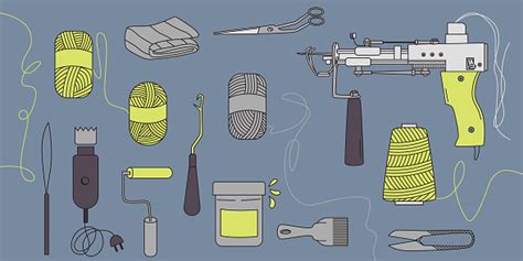 터프팅 스타터 키트 깔개 가위 터프 팅 기계 면 및 양모 원사 트리머를 포함한 카펫 제작 도구 세트 벡터 플랫 스타일의 배너 그림 화려한 배경 개념입니다 Diy에 대한 스톡