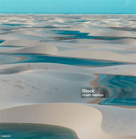 Lencois Maranhenses의 조감도 신선하고 투명한 물 웅덩이가 있는 하얀 모래 언덕 브라질 렌소이스 마라넨지스 국립