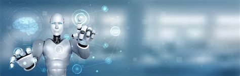Ai 두뇌의 개념을 보여주는 가상 홀로그램 화면을 만지는 Ai 휴머노이드 로봇 프리미엄 사진