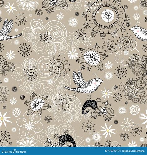 Seamless Pattern Of Clouds Birds And Elephants Stock Vector