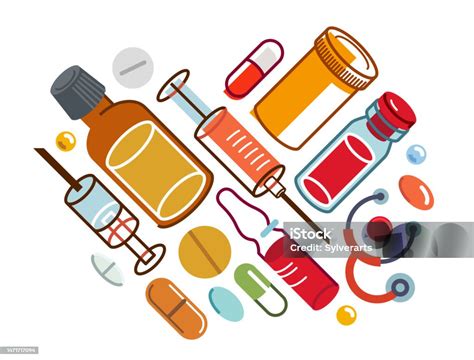 약국 약물 아포테카병과 알약과 앰플 메디아멘트 벡터 플랫 일러스트의 큰 조성 세트는 고립된 건강 관리 및 치유 의학 테마 디자인