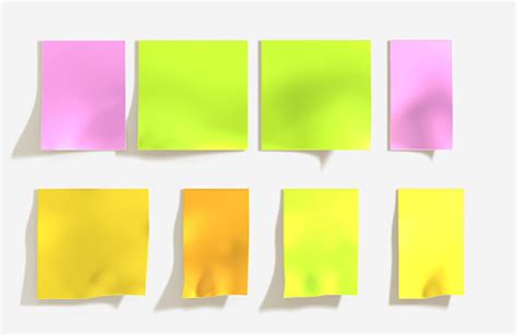 흰색 벽에 붙어있는 다양한 모양의 스티커 모형 색상 태그 메모용 스티커 메모 빈 종이 사각형 및 사각형 알림 목록 배경에 격리된 빈 사무실 공백 0명에 대한 스톡 사진 및