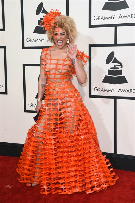 Joy Villa Wears Weird Plastic Orange Dress To The 2015 Grammy Awards