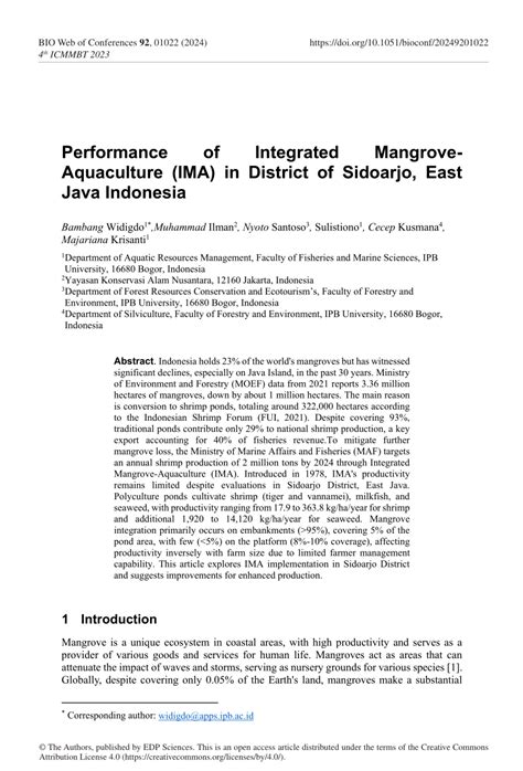 Pdf Performance Of Integrated Mangrove Aquaculture Ima In District