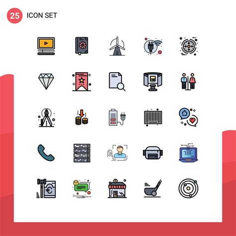 Set Of 25 Commercial Filled Line Flat Colors Pack For Business Renewable Turbine Power Energy