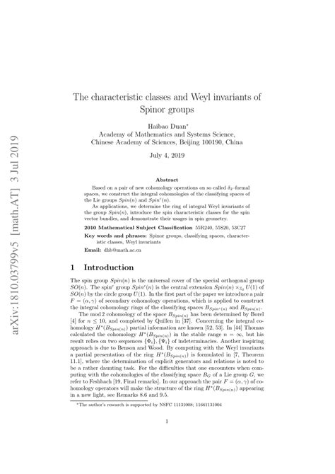 Pdf The Characteristic Classes And Weyl Invariants Of Spin Geometry