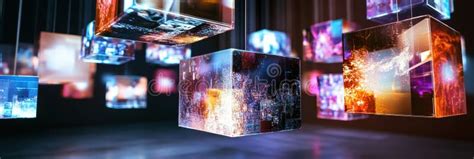 Floating Cubes Showcase Abstract Text And Multimedia Symbols In A Vibrant Digital Environment