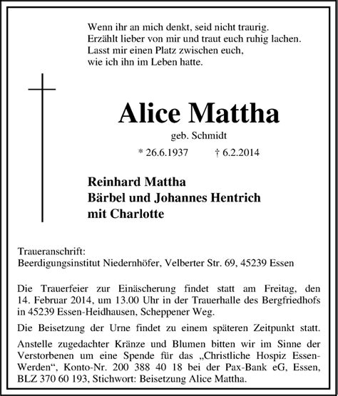 Traueranzeigen Von Alice Mattha Trauer In NRW De