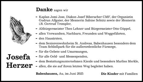 Traueranzeigen Von Josefa Herzer Augsburger Allgemeine Zeitung