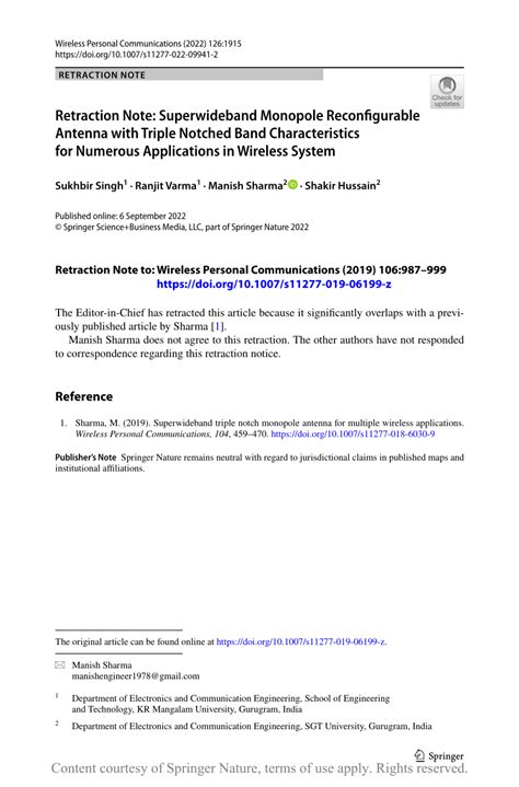 Retraction Note Superwideband Monopole Reconfigurable Antenna With Triple Notched Band