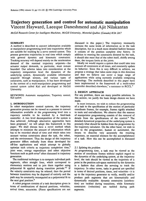 Pdf Trajectory Generation And Control For Automatic Manipulation