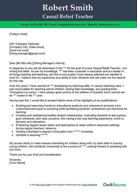Casual Relief Teacher Cover Letter Examples Qwikresume
