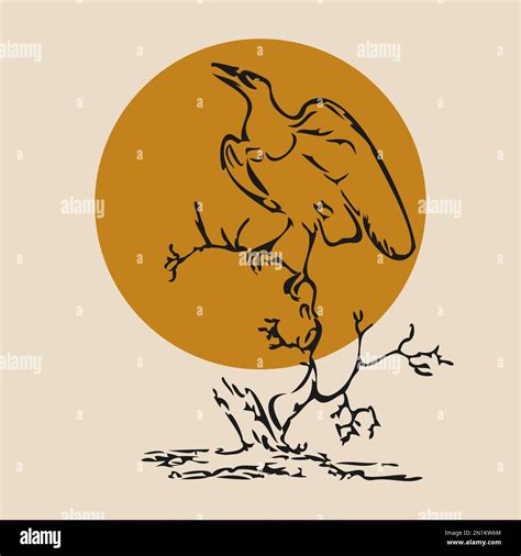 Linear Illustration Of The Raven Sitting On The Tree Happy Halloween