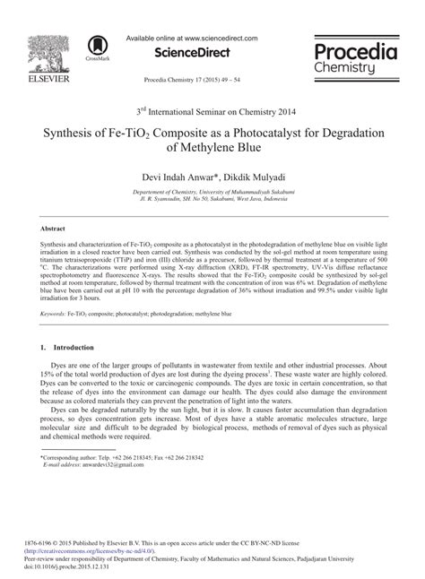 Pdf Synthesis Of Fe Tio2 Composite As A Photocatalyst For Degradation Of Methylene Blue