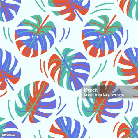 몬스터의 추상열대 잎의 매끄러운 패턴 플랫 스타일 특이한 색상의 이국적인 잎 벡터 반복 패턴 격리 된 배경 0명에 대한 스톡 벡터 아트 및 기타 이미지 Istock