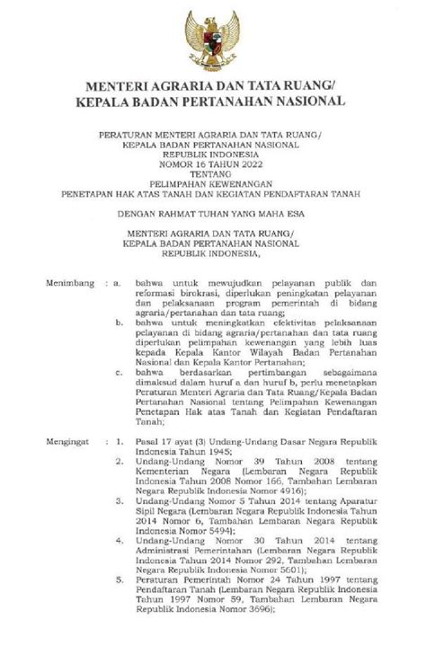 Peraturan Kepala Badan Pertanahan Nasional BPN No 16 Tahun 2022