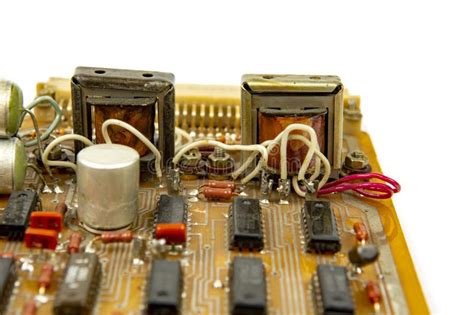 Parts And Components On Printed Circuit Boards Close Up Electronic
