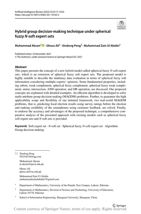 Hybrid Group Decision‑making Technique Under Spherical Fuzzy N‑soft Expert Sets Request Pdf