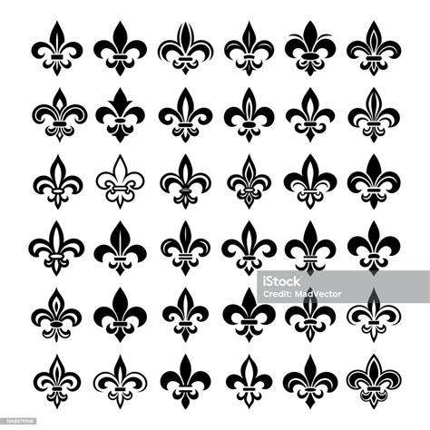 벡터 빈티지 흰색과 검은색 Fleur De Lis 아이콘 세트가 분리되어 있습니다 헤럴딕 릴리 레트로 디자인 요소 벡터 일러스트레이션 백합 문장에 대한 스톡 벡터 아트 및