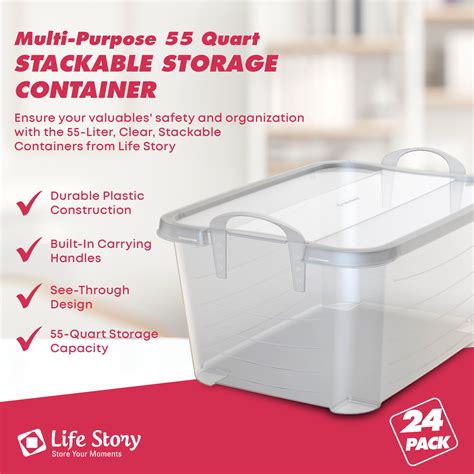 Life Story 55 Qt Stackable Storage Bin Light Duty Lidded Container Clear 24 Pack