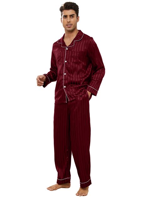 Vulcanodon Mens Silk Pajamas Set Long Sleeve Satin Striped Button Down 2 Piece Sleepwear