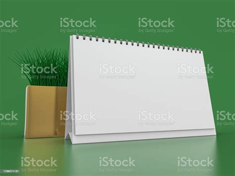 녹색 배경에 책상 빈 달력 모형 3d 일러스트레이션 0명에 대한 스톡 사진 및 기타 이미지 0명 3차원 형태 공란