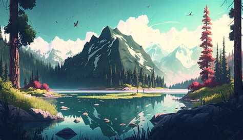 山水倒影樹林草地自然背景插圖海報 山水 自然背景 倒影背景圖片和桌布免費下載