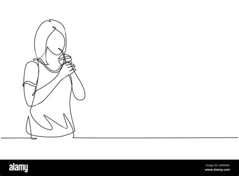 Single One Line Drawing Beautiful Woman Hold Plastic Cup And Drinking