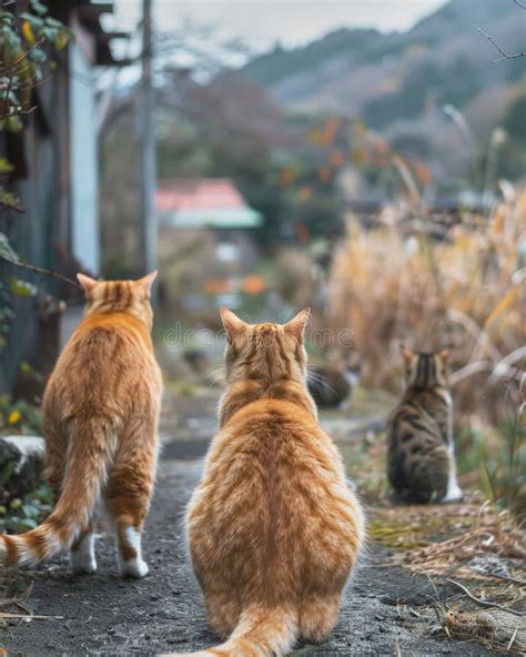 Three Cats Walking Together In A Rural Area With A Scenic Background