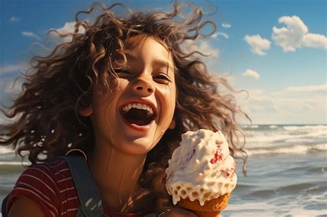 Premium Ai Image Ice Cream Delight Girl Enjoying A Beach Treat