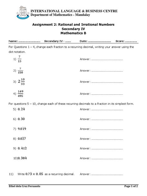 Assignment For Rational And Irrational Numbers Pdf Rational Number Decimal