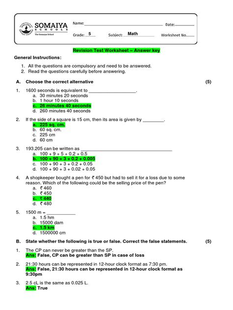 Revision Test Ws Answer Keygrade 5 Math Pdf Volume Area