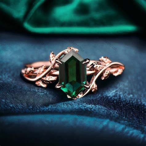 Long Hexagon Emerald Ring Rose Gold Solitaire Art Deco Ring Leaf Flower Twig Bridal Ring