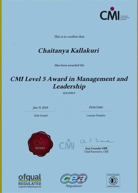 Chaitanya K On Linkedin Got My Cmi Level 5 Certificate Thanks For The