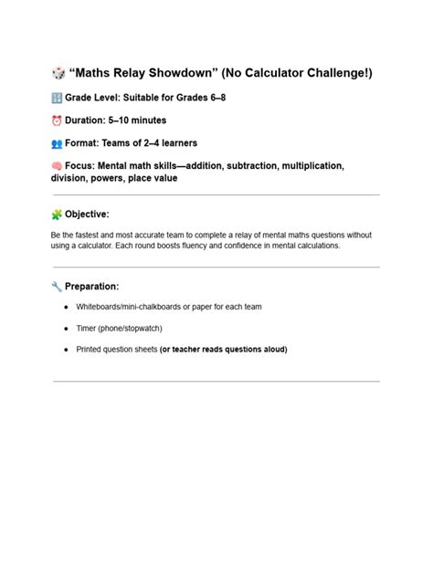 Maths Relay Showdown For Grades 6 8 Pdf