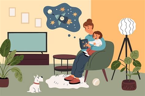 꿈꾸는 캐릭터 어머니는 아이에게 우주에 관한 책을 읽어 준다 행복한 아들은 상상합니다 재미있는 이야기 아이들은 백일몽을 꾼다 환상적인 우주 여행의 상상력 화려한 벡터 개념