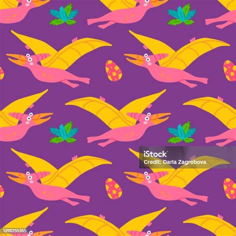열대 식물과 달걀을 가진 귀여운 비행 공룡 Pterodactylus 보라색 배경에 벡터 원활한 패턴 어린이 옷 인쇄 엽서 공룡에