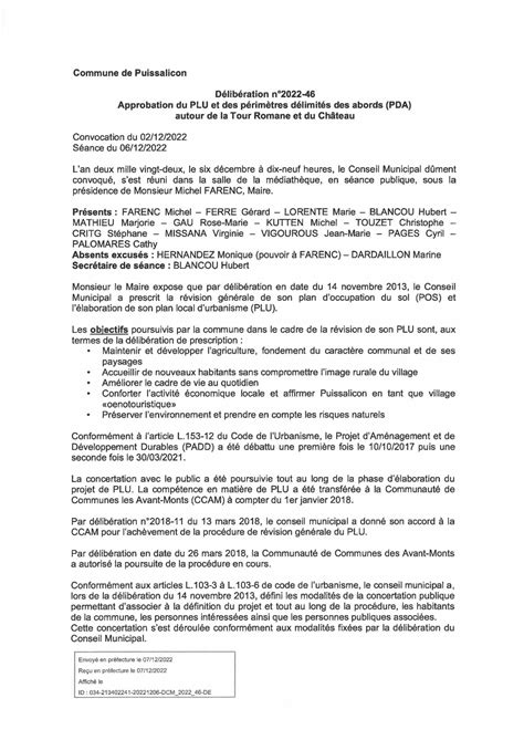 PLU Délibération approbation PLU et PDA autour de la Tour Romane et du Chateau